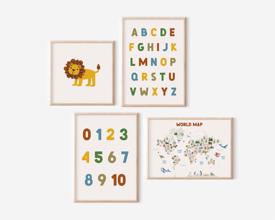 Educational Posters, Kids World Map Animals Print, Alphabet and Number ...
