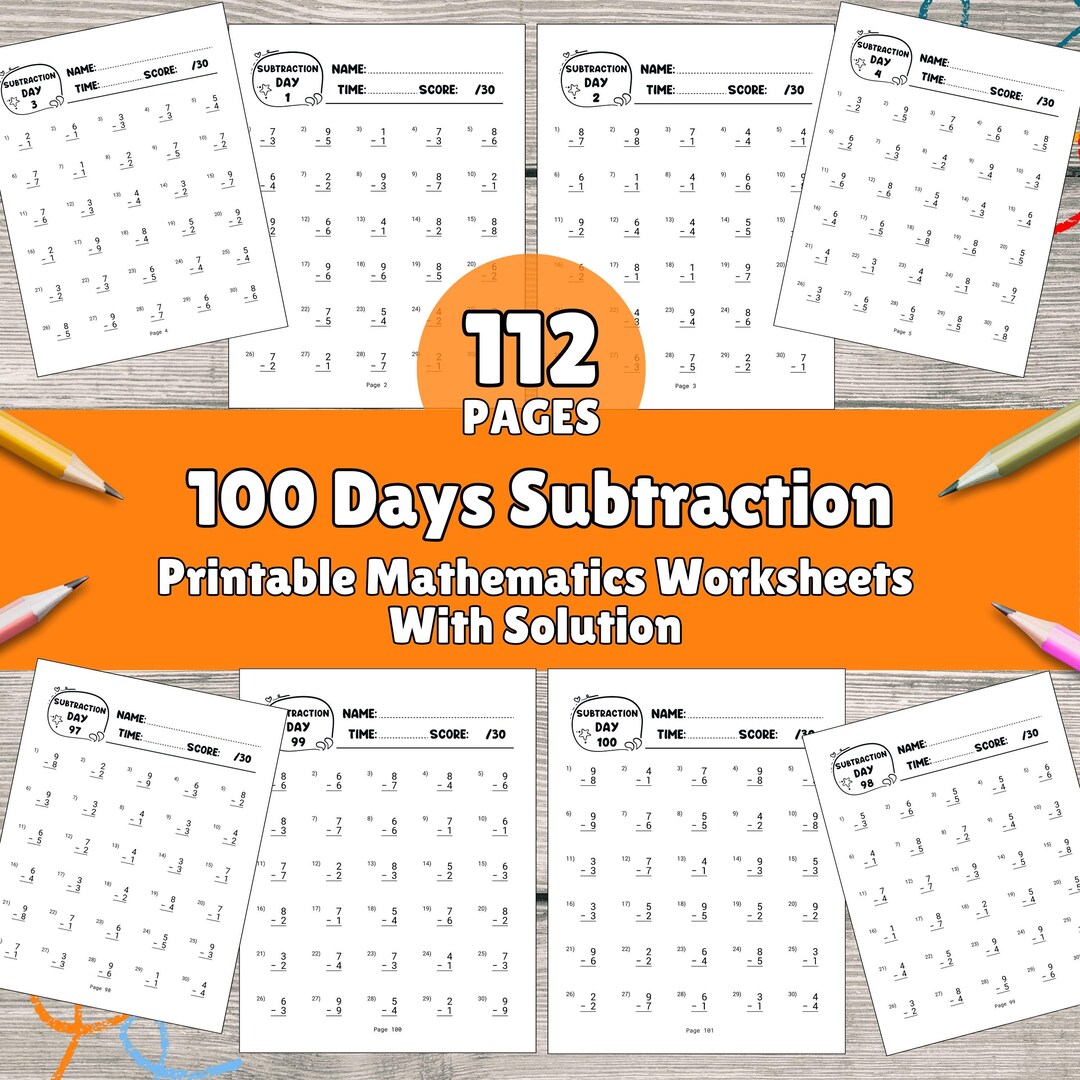100 Days Subtraction Practice: Printable Subtraction Worksheets With ...
