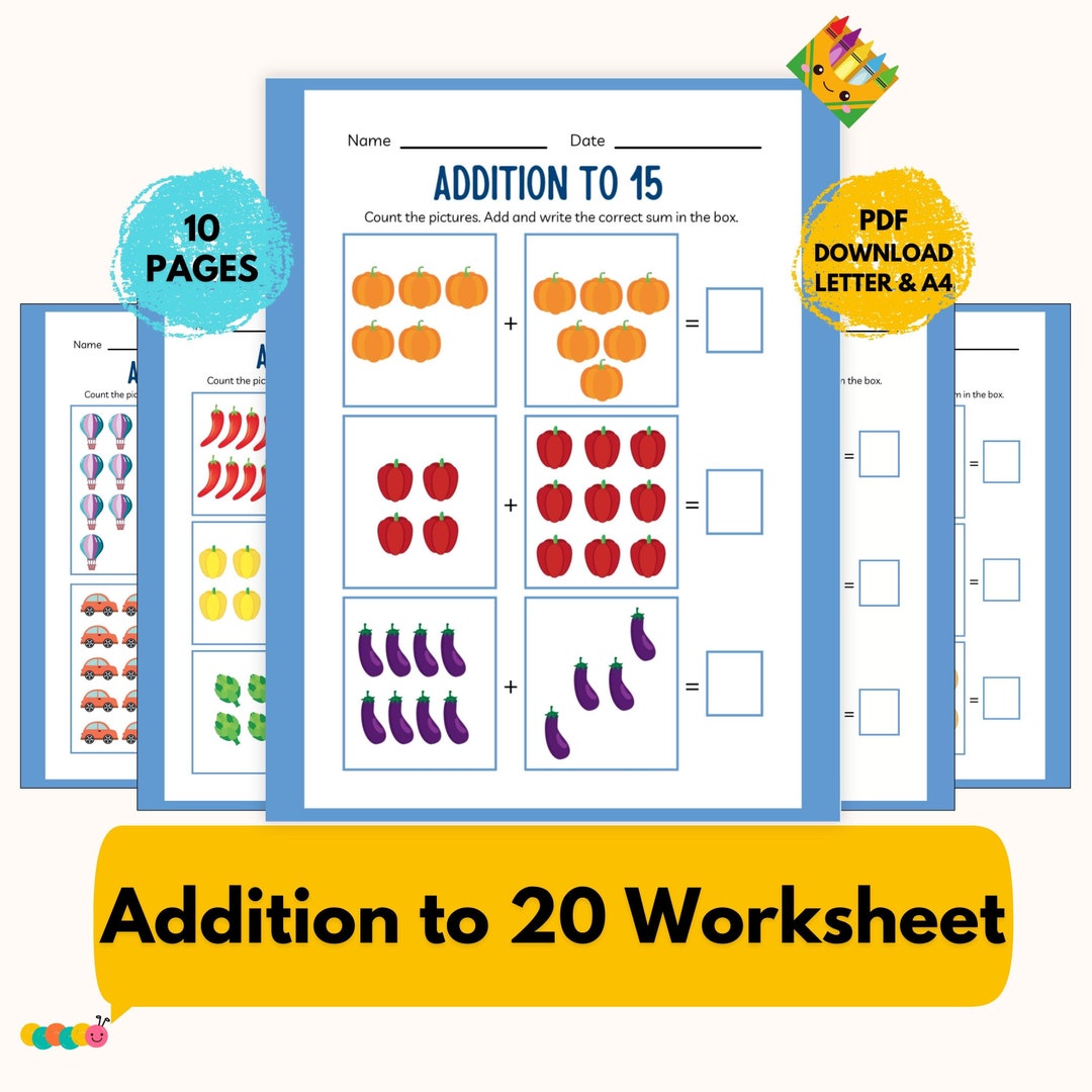 Addition to 20 Worksheet Food Theme Math, Preschool Kindergarten 1st ...