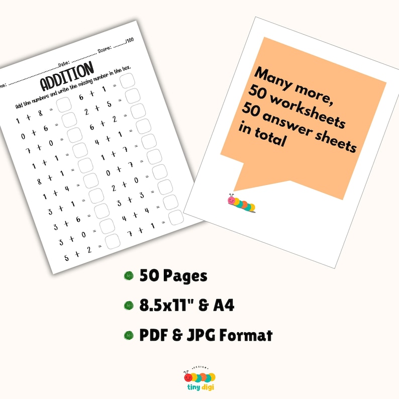 Addition 0-9 Math Worksheets Printable - Kindergarten 1st Grade Early ...