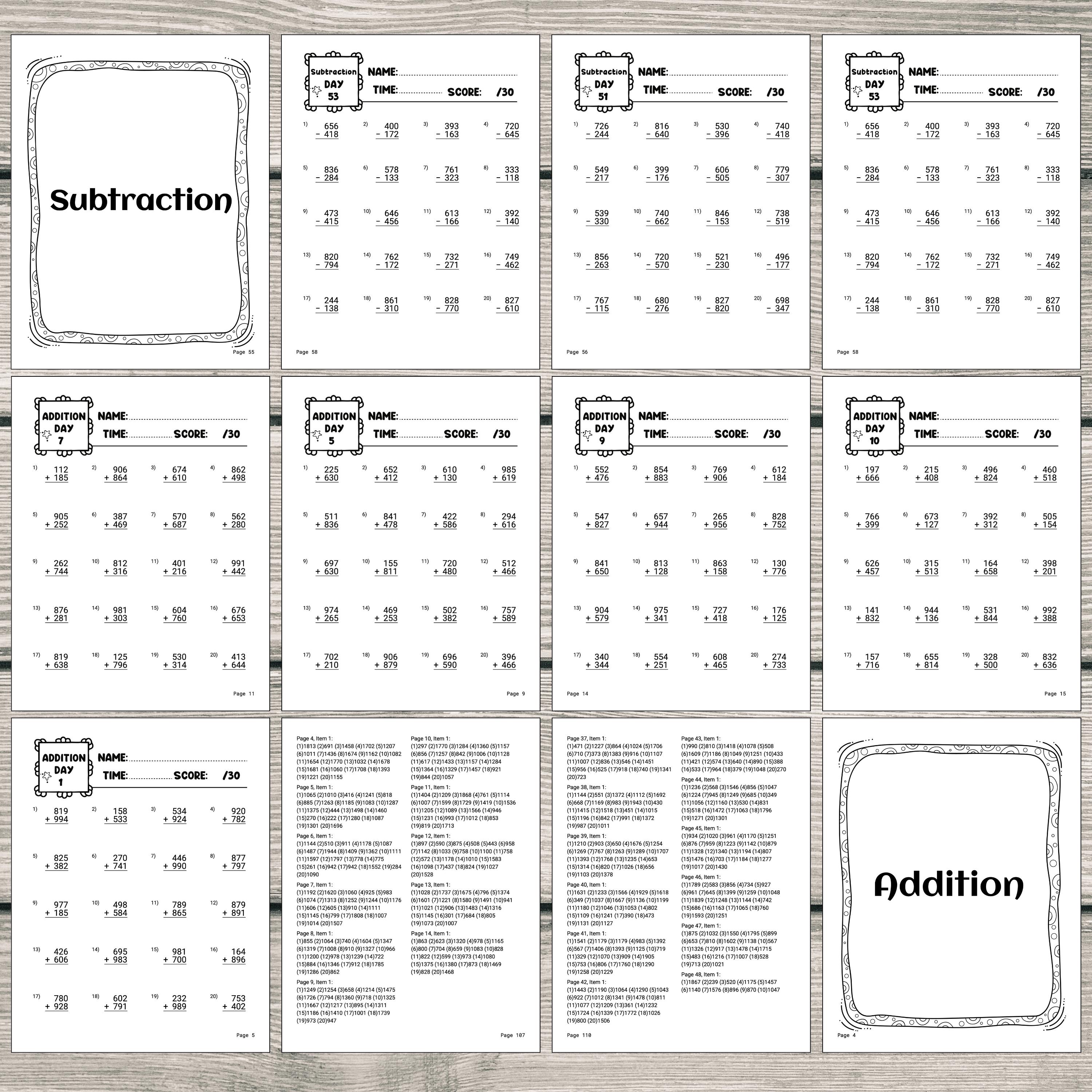 Grade 4 Math Workbook, Printable Addition & Subtraction Practice, 4th ...