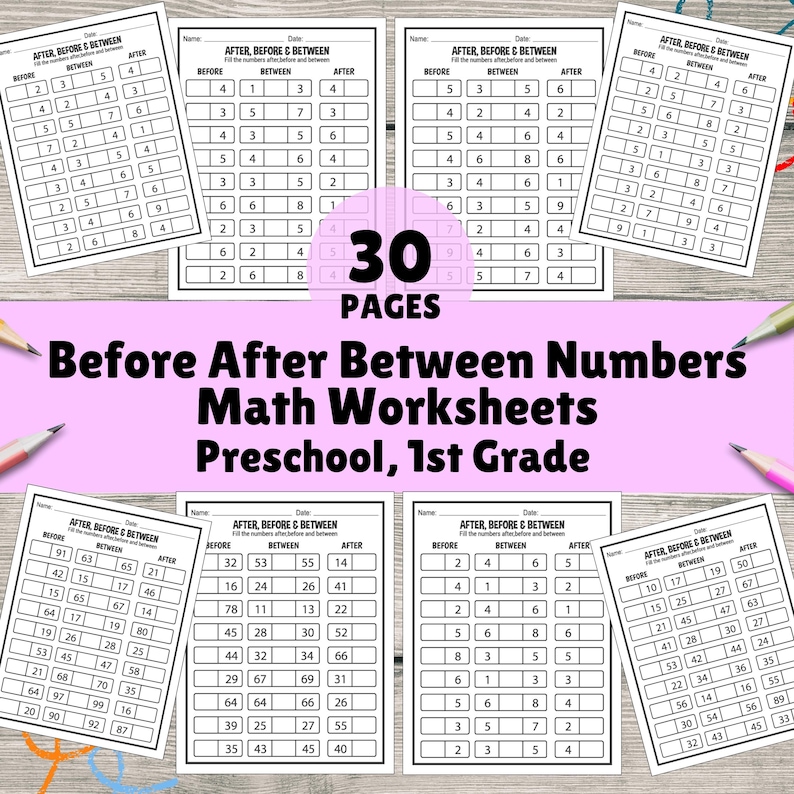 30 Printable Before Between After Numbers Math Worksheets | Preschool ...