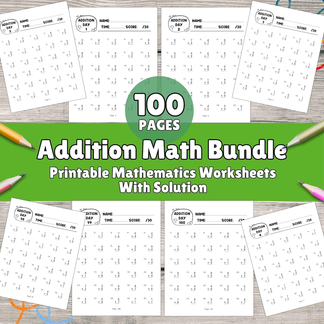 Addition Worksheets: 100 Pages Printable Math Practice (digital ...