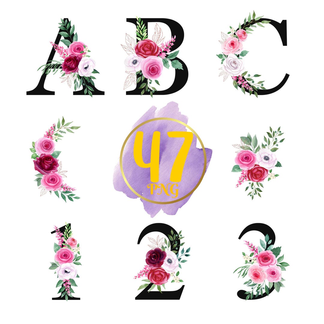 Watercolor Floral Alphabet Clipart: 47 PNG Letter Designs (digital ...
