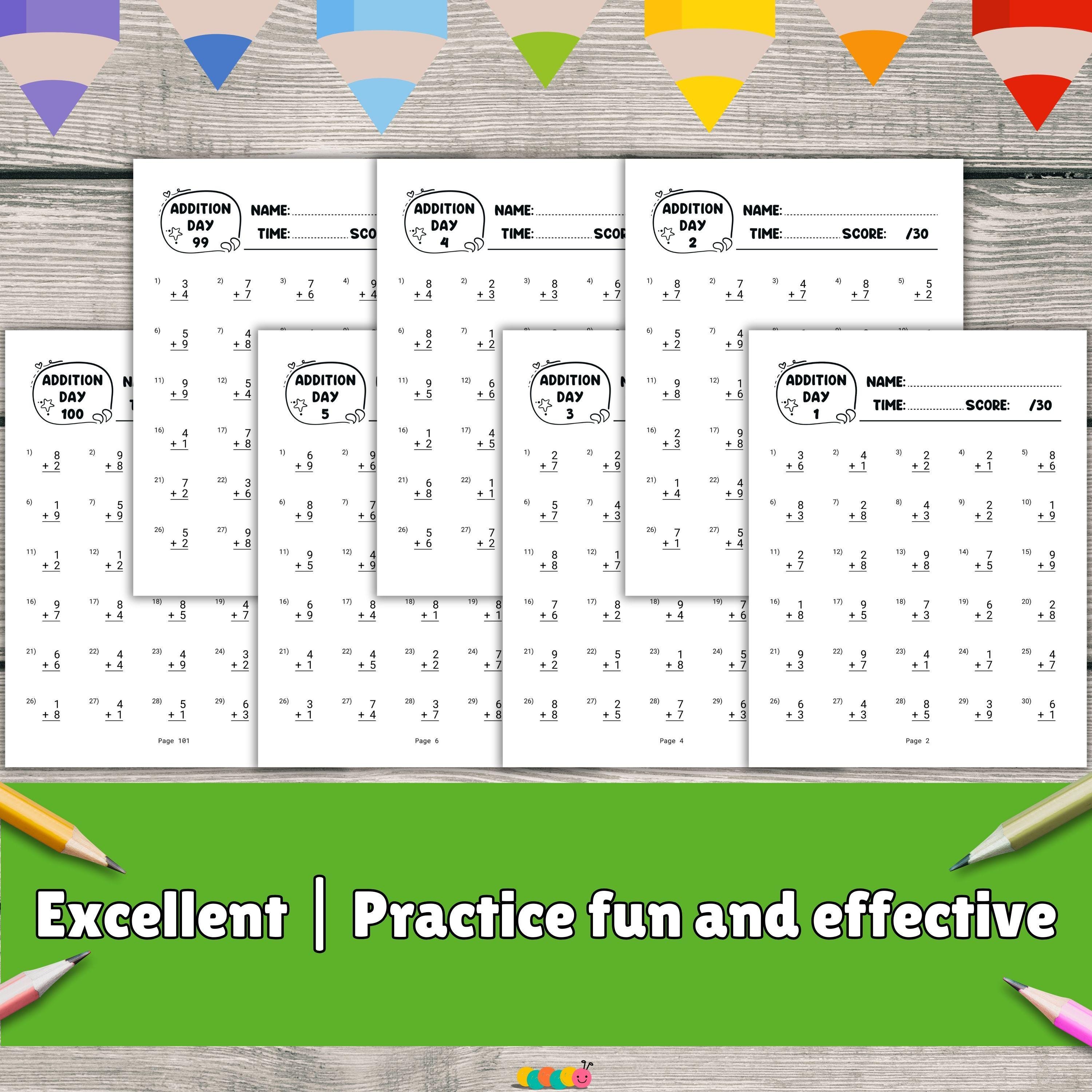 100 Addition Worksheets Printable, Kids Math Practice, Homeschool ...