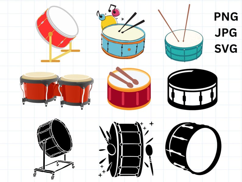 Paquete SVG de bombo, Svg de música, Clipart de batería, Archivos Svg ...