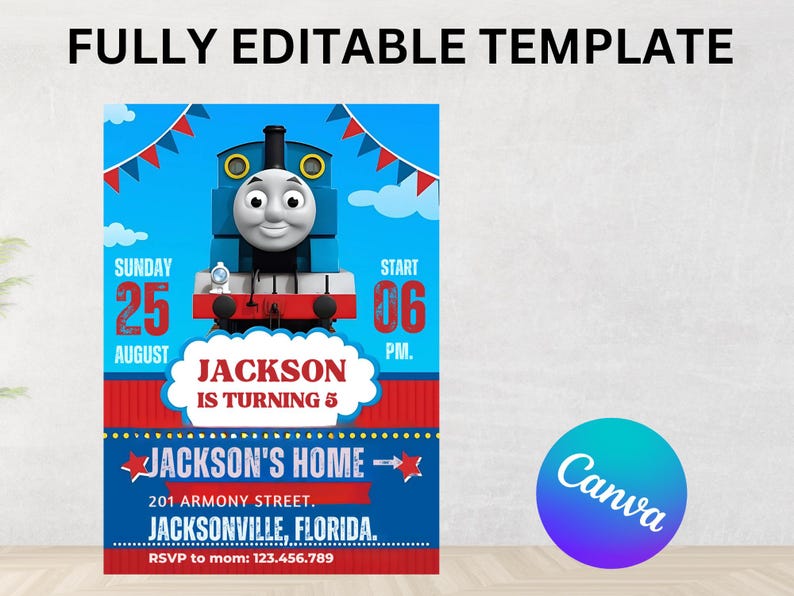 Editable Thomas the Tank Engine Birthday Invitation Canva Digital ...