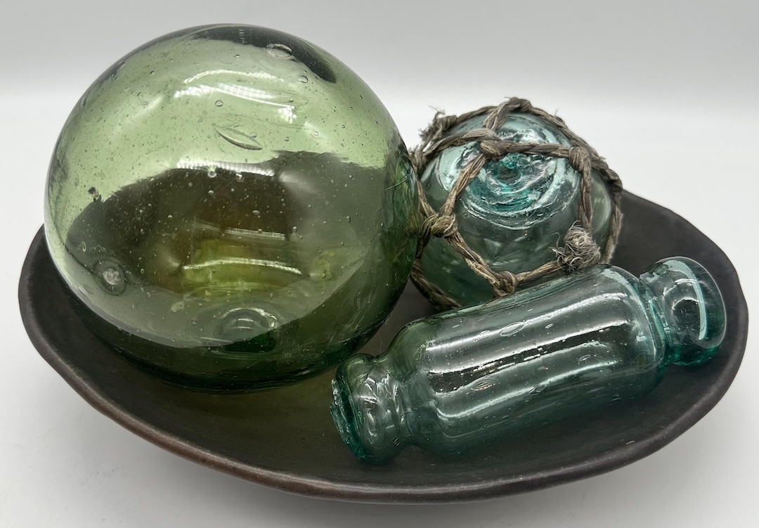 Float Display With Three Japanese Glass Floats and Japanese Pottery ...