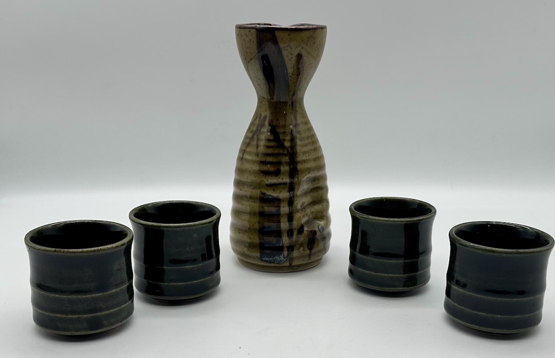 Japanese Bamboo Styled Sake Set With Large Carafe and Four Cups - Etsy
