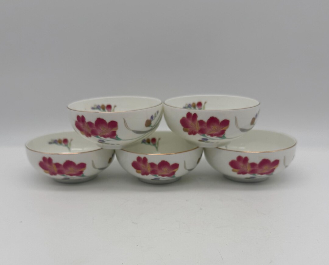 Japanese Kozuke Red Flower Arita Ware Porcelain Tea Bowls 5pc Set - Etsy