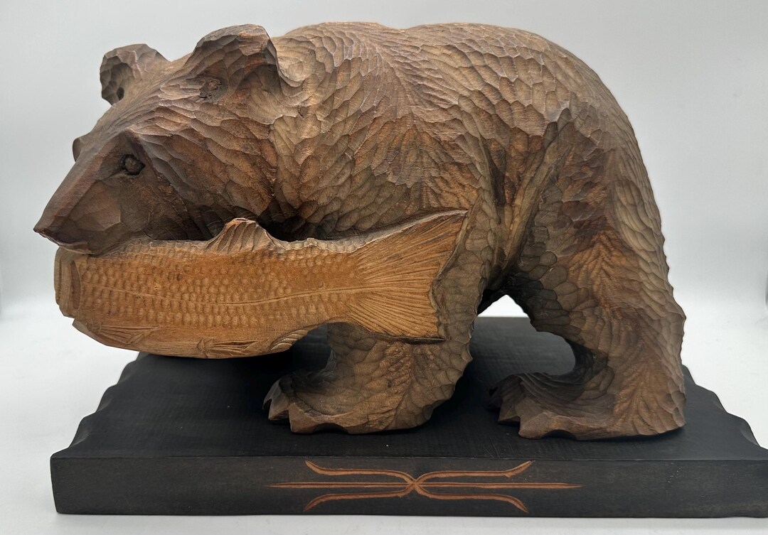 Vintage Japanese Ainu Hand Carved Bear With Salmon and Display Plank - Etsy
