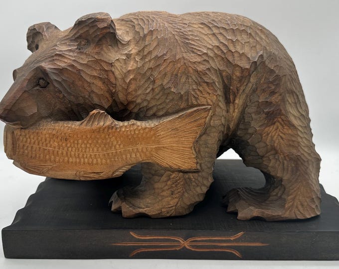 Vintage Japanese Ainu Hand Carved Bear With Salmon and Display Plank - Etsy