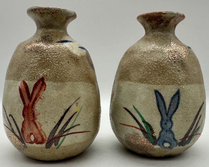 Japanese Utsuwa Pottery Sake Set, Hand Painted With Two Decanters and ...