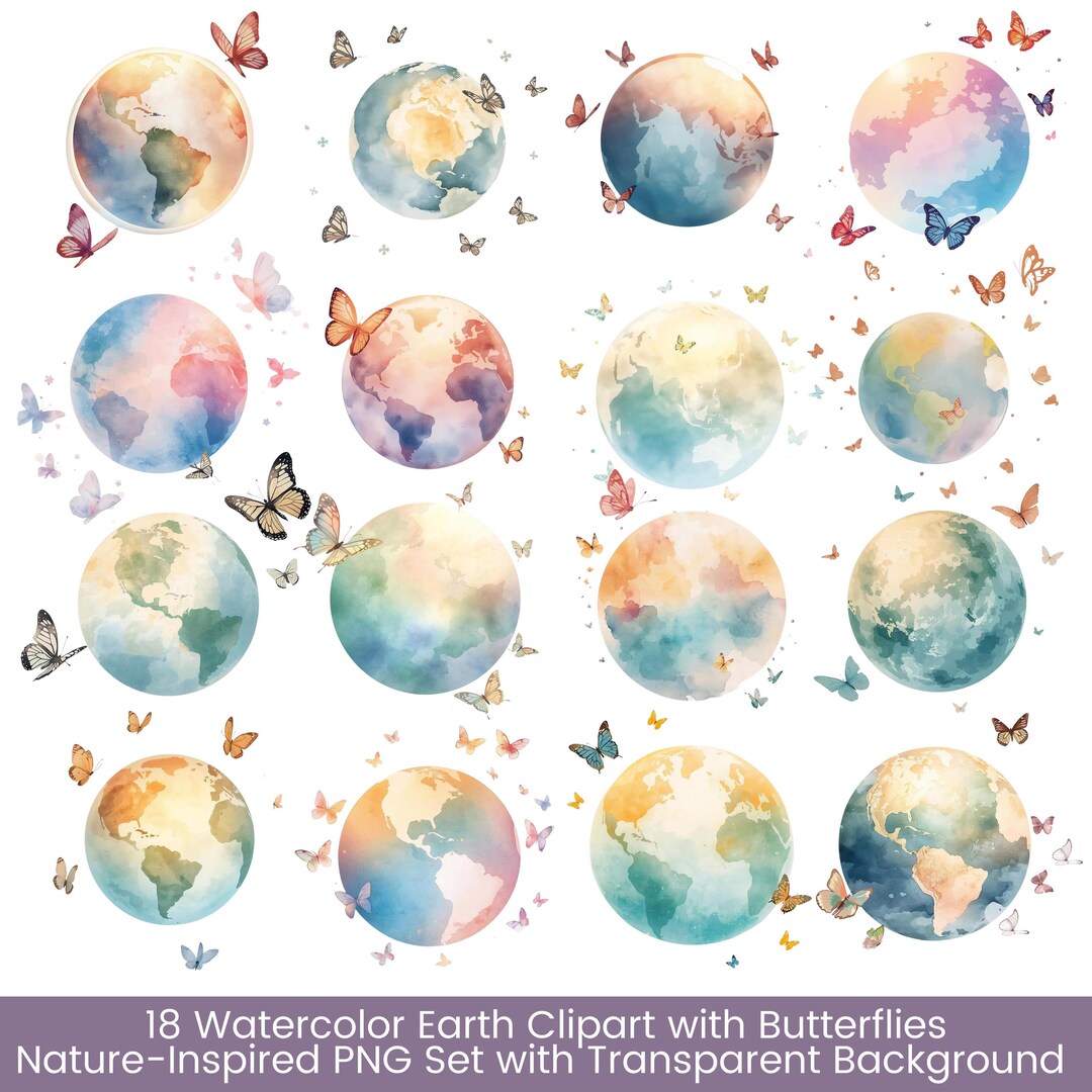 Watercolor Earth Clipart Set of 18, Butterflies World Png, Planet Clip ...