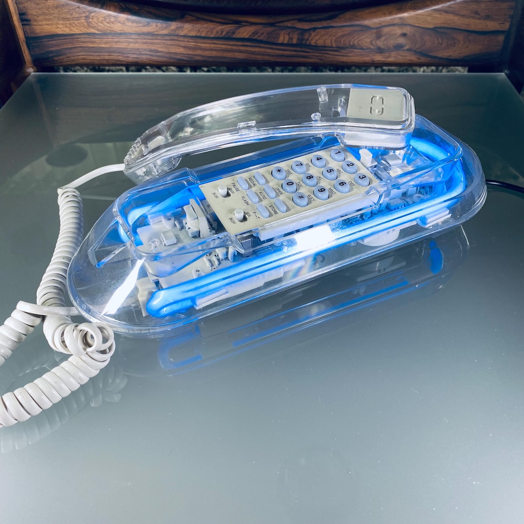 Vintage 90’s Blue Neon Light-up Telephone, Transparent Phone, Clear ...