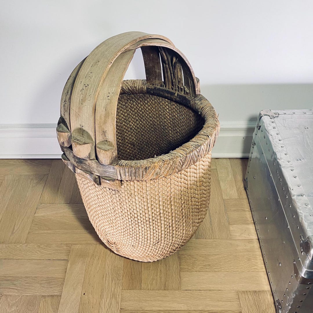 Antique Asian Rice Basket, Rattan Basket With Elm Wood Handle, Rich ...