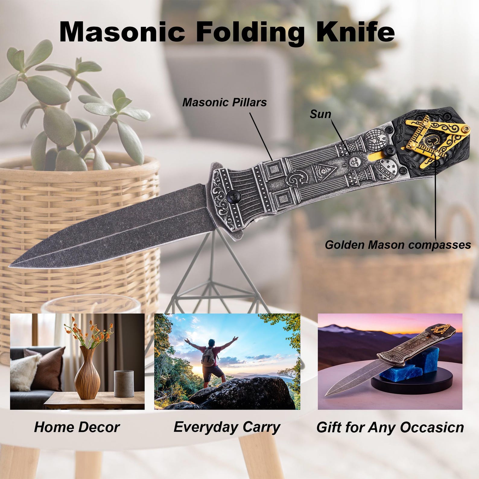 Masonic Folding Knife, Engraved Masonic Logo Expertly Crafted, Symbolic ...