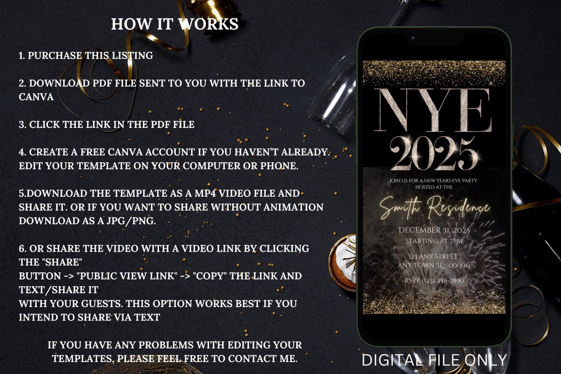 Editable New Year Invitation, 2025 New Year Invitation, NYE 2025 ...