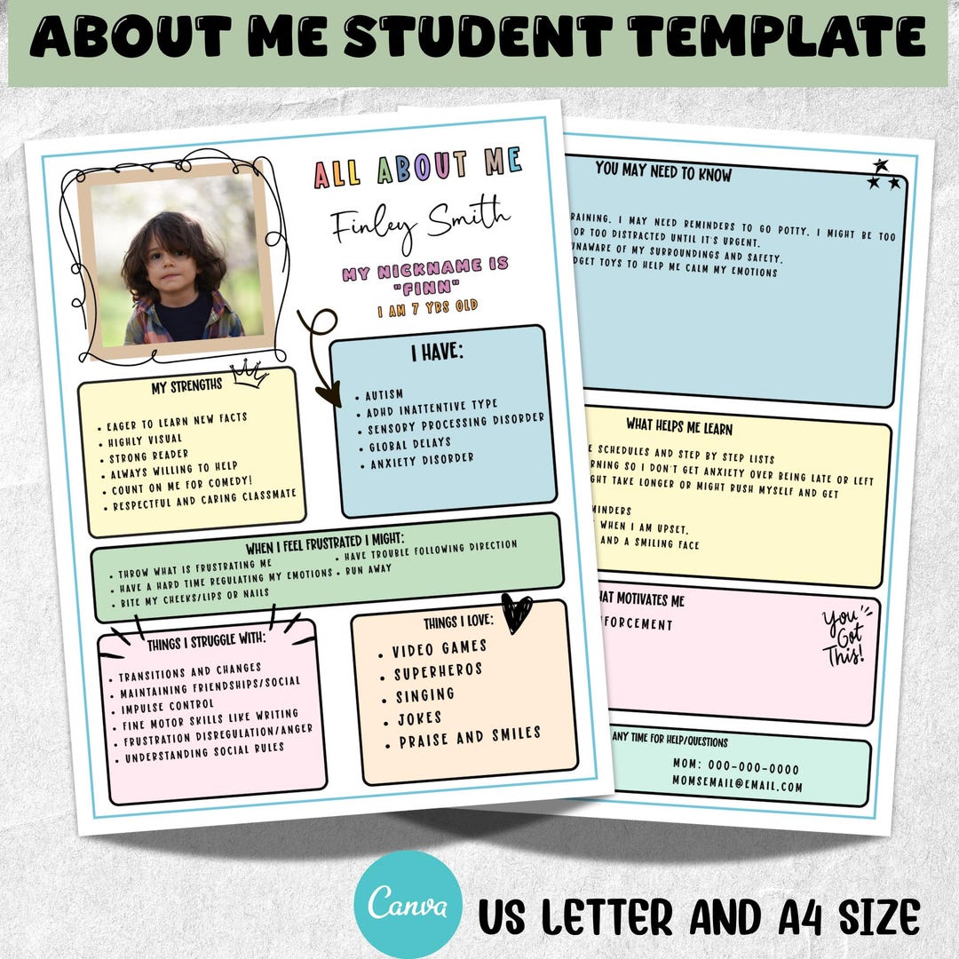 Back to School All About Me Child Info Template Teacher/therapist ...