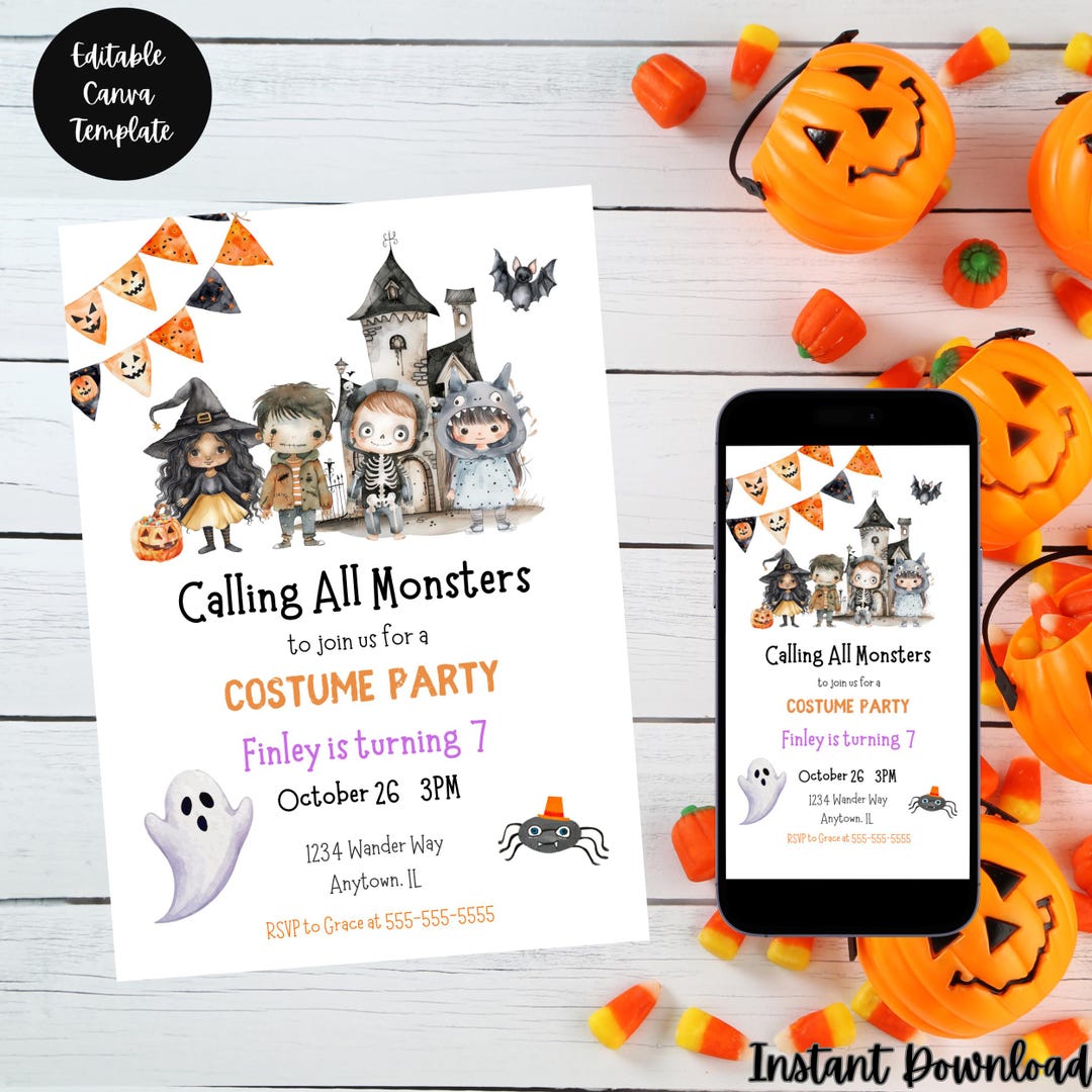 Editable Kids Halloween Party Invitation Template Monsters Halloween ...