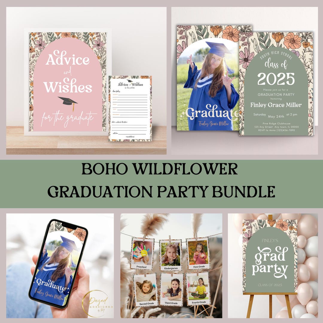 Boho Wildflower Graduation Invitation Bundle, Graduation Party Bundle ...
