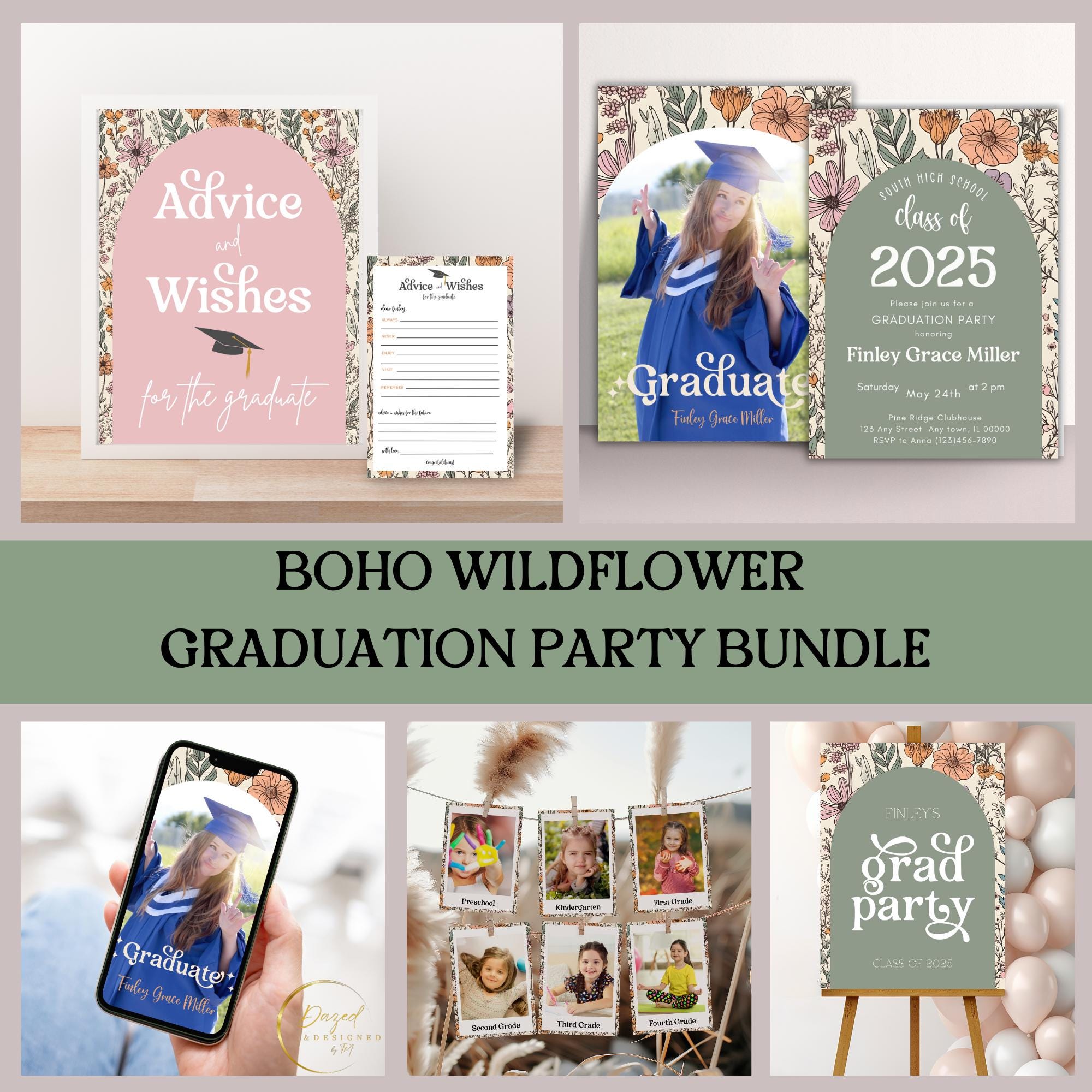 Boho Wildflower Graduation Invitation Bundle, Graduation Party Bundle ...