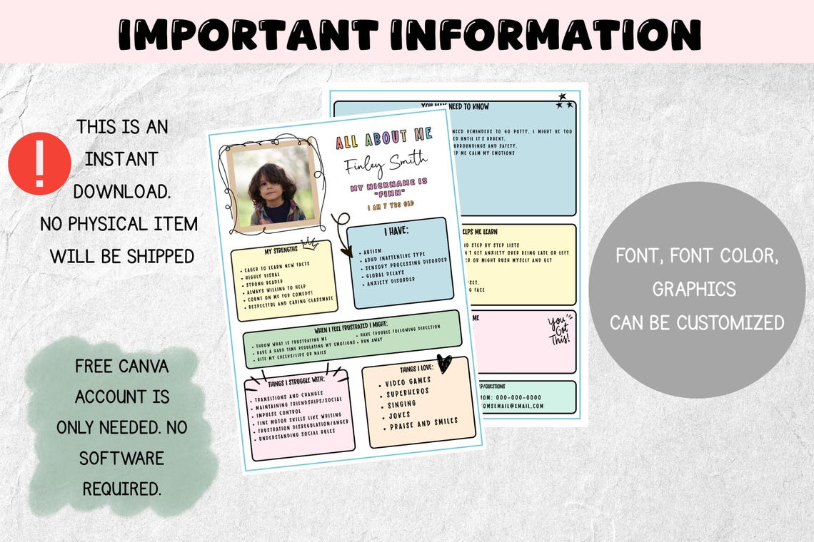 Back to School All About Me Child Info Template Teacher/therapist ...