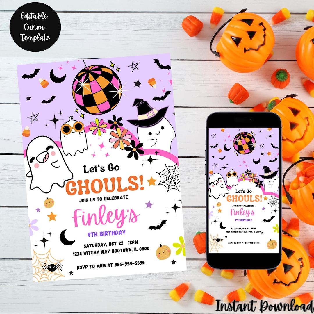Editable Let's Go Ghouls Halloween Birthday Party Invitation, Girly ...