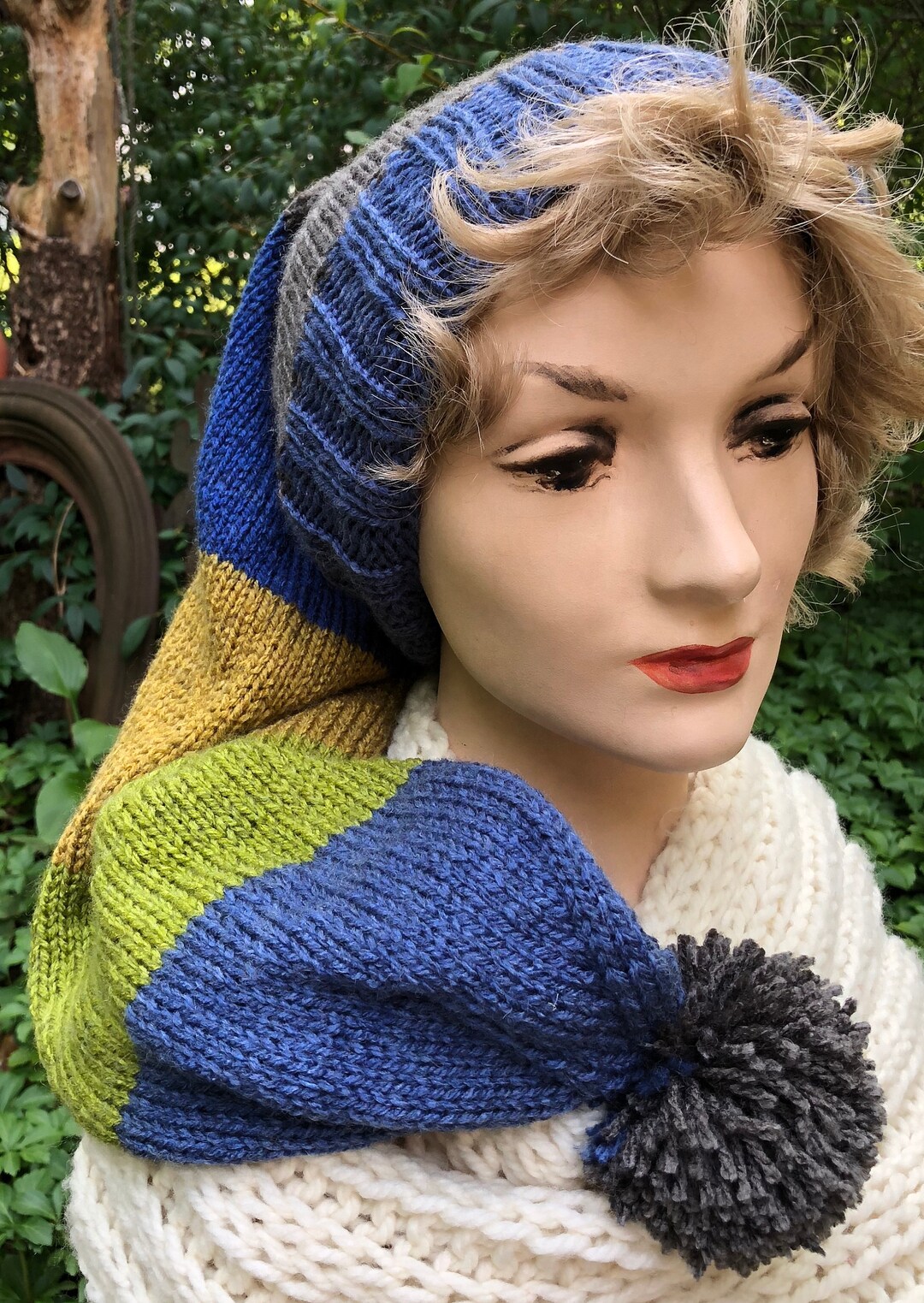 Long Stocking Cap Pom Pom Hat Acrylic & Wool Blue Green Gold Seamless ...