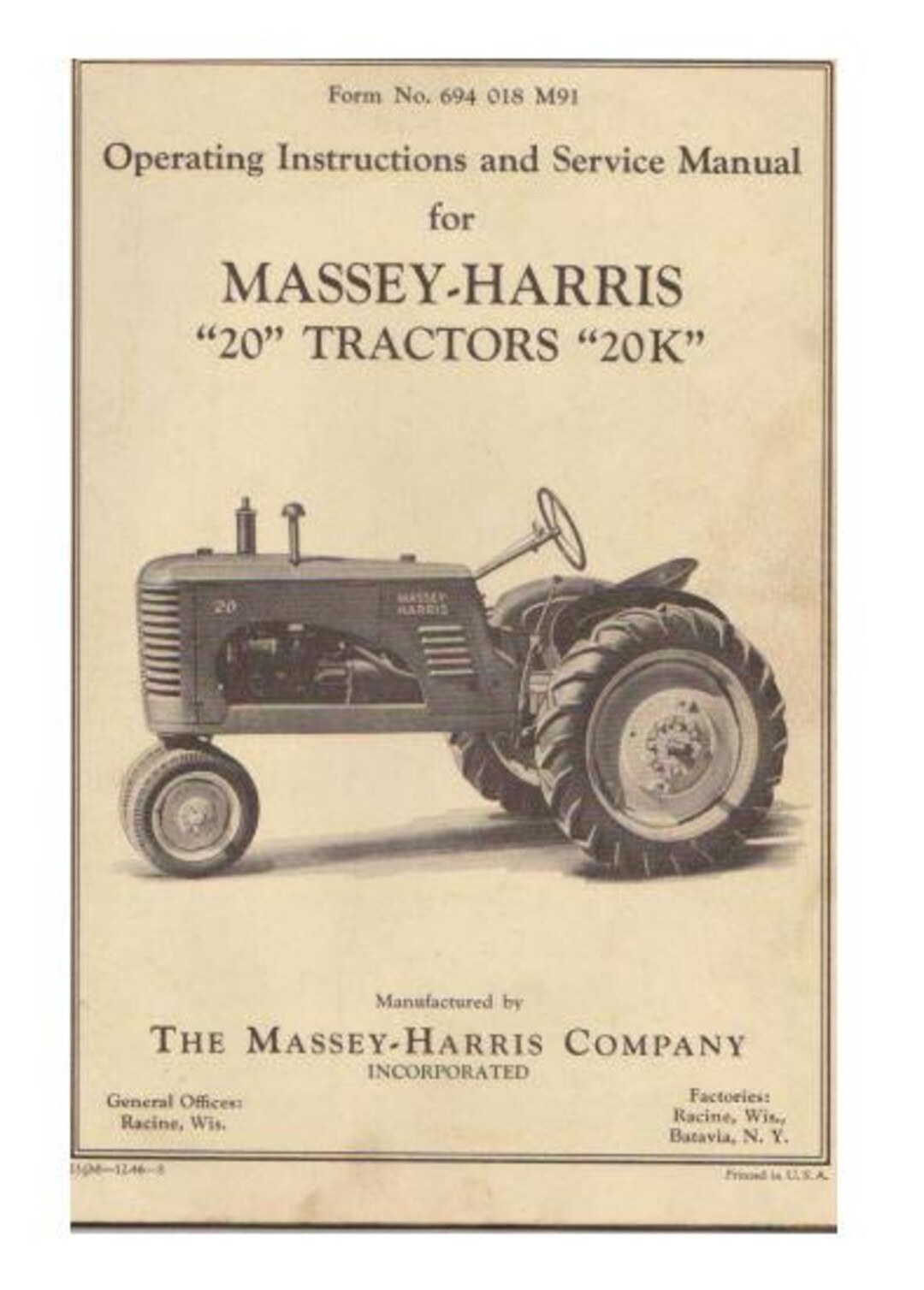Massey-harris Tractor 20K Operator's Manual (digital Download) - Etsy