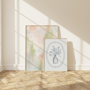 Hand-drawn Blue Floral Line Art | Vintage Wall Art Print | Coastal ...