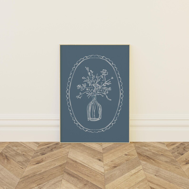 Elegant Dark Blue Flower Line Drawing | Coastal Botanical Styling ...