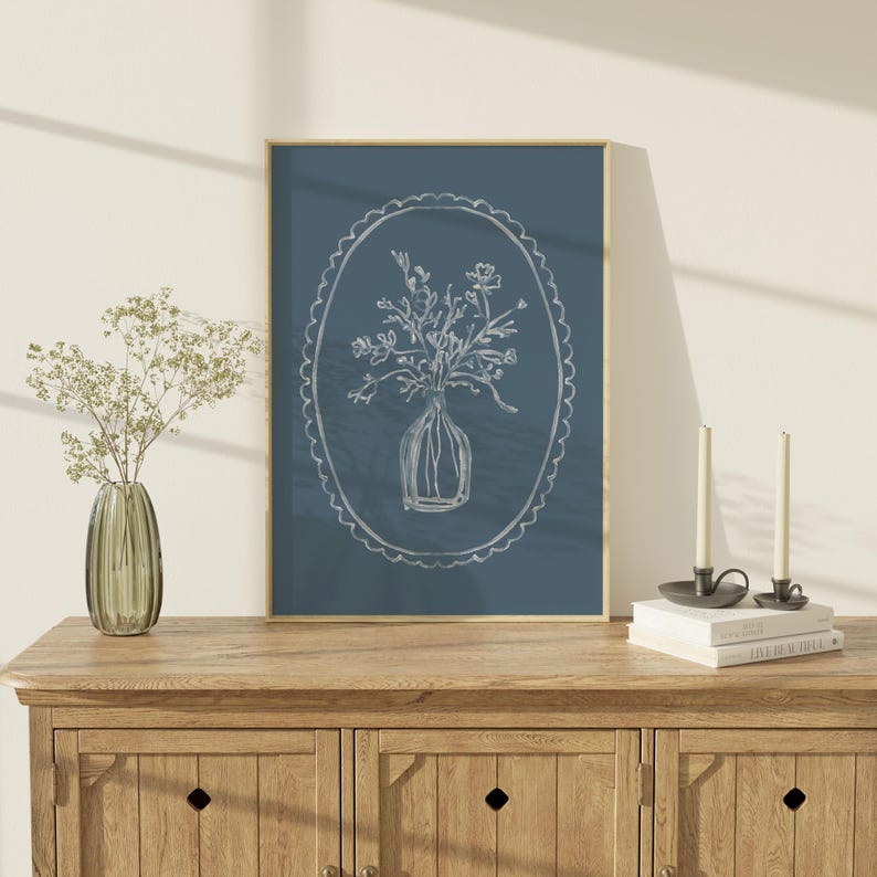 Elegant Dark Blue Flower Line Drawing | Coastal Botanical Styling ...