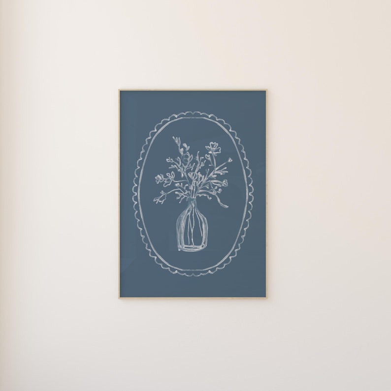 Elegant Dark Blue Flower Line Drawing | Coastal Botanical Styling ...