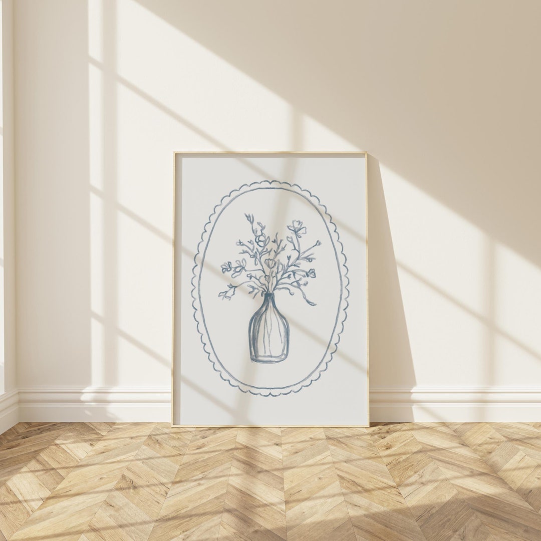 Hand-drawn Blue Floral Line Art | Vintage Wall Art Print | Coastal ...