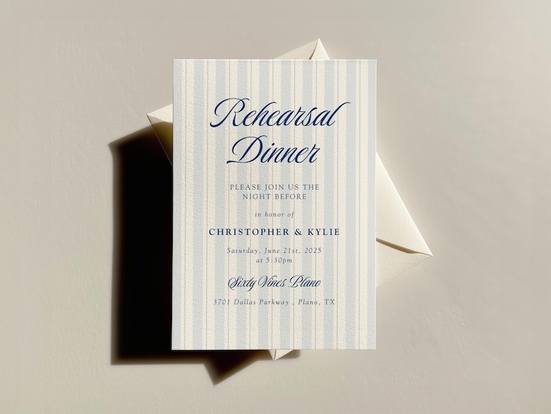 Striped Rehearsal Dinner Invitation | Blue Canva Template | Classy ...