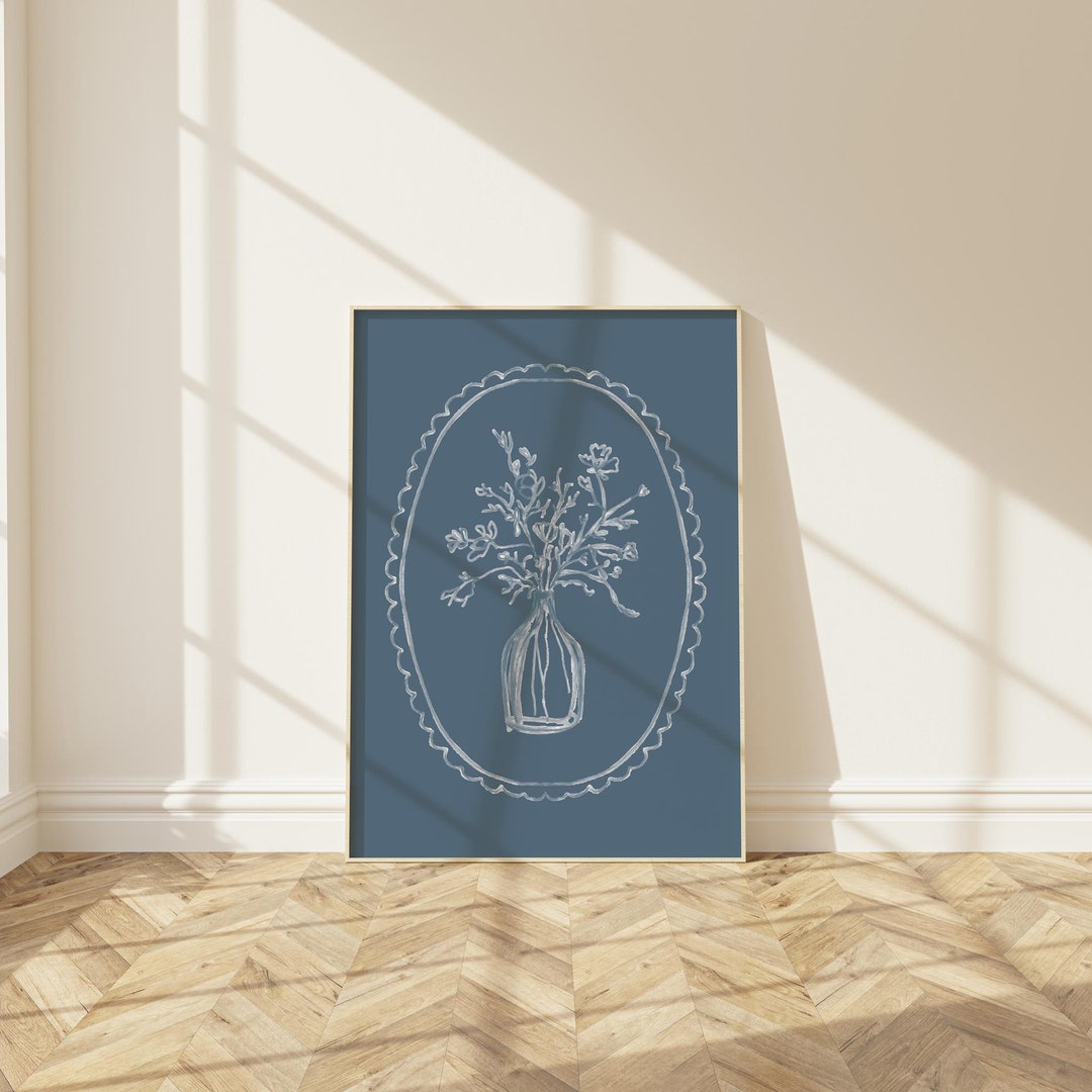 Elegant Dark Blue Flower Line Drawing | Coastal Botanical Styling ...