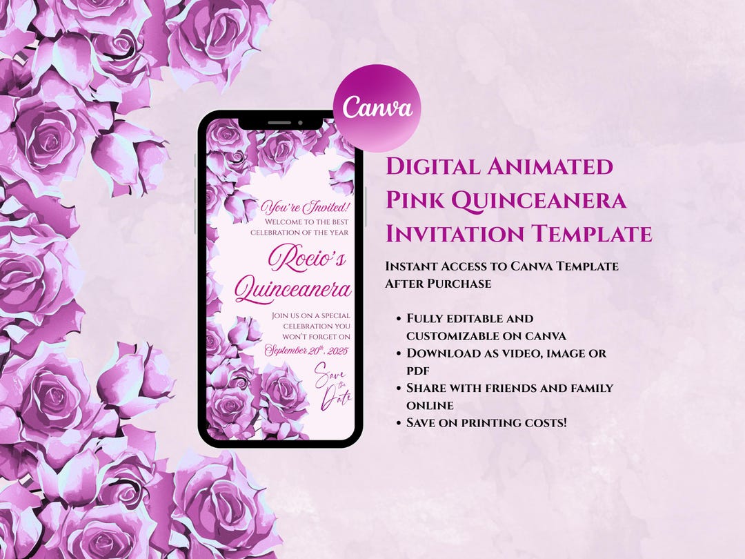 Animated Pink Quinceanera Invitation: Editable Canva Video Template W ...