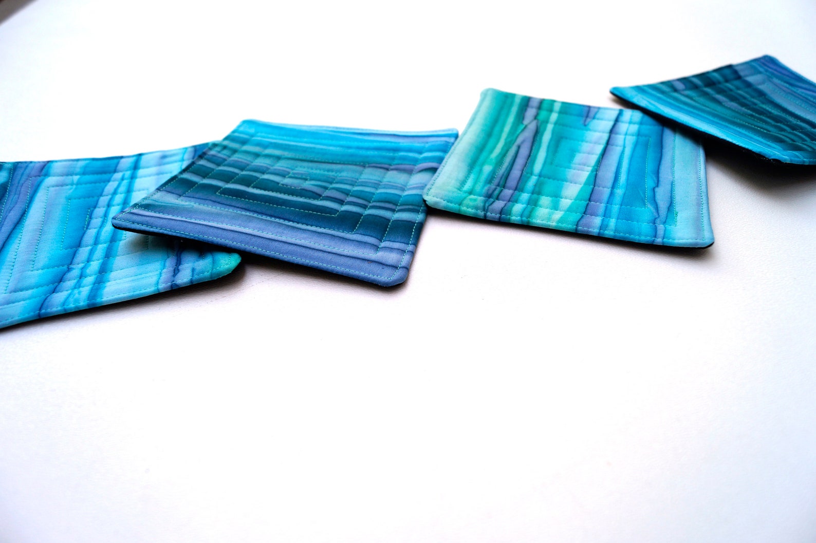 Quilted Batik Fabric Coasters in Shades of Blue, Hand Dyed Cloth Drink ...