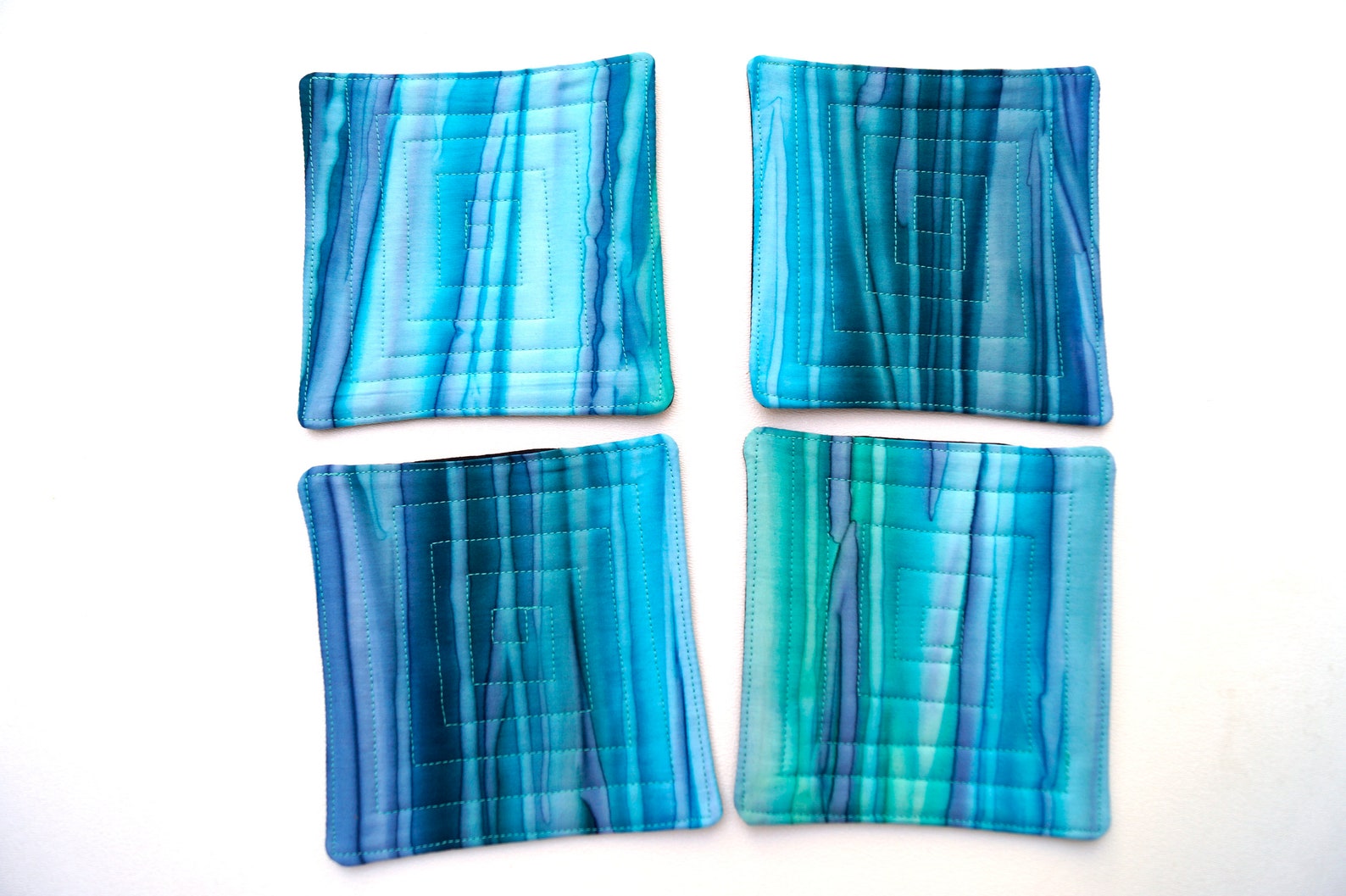 Quilted Batik Fabric Coasters in Shades of Blue, Hand Dyed Cloth Drink ...