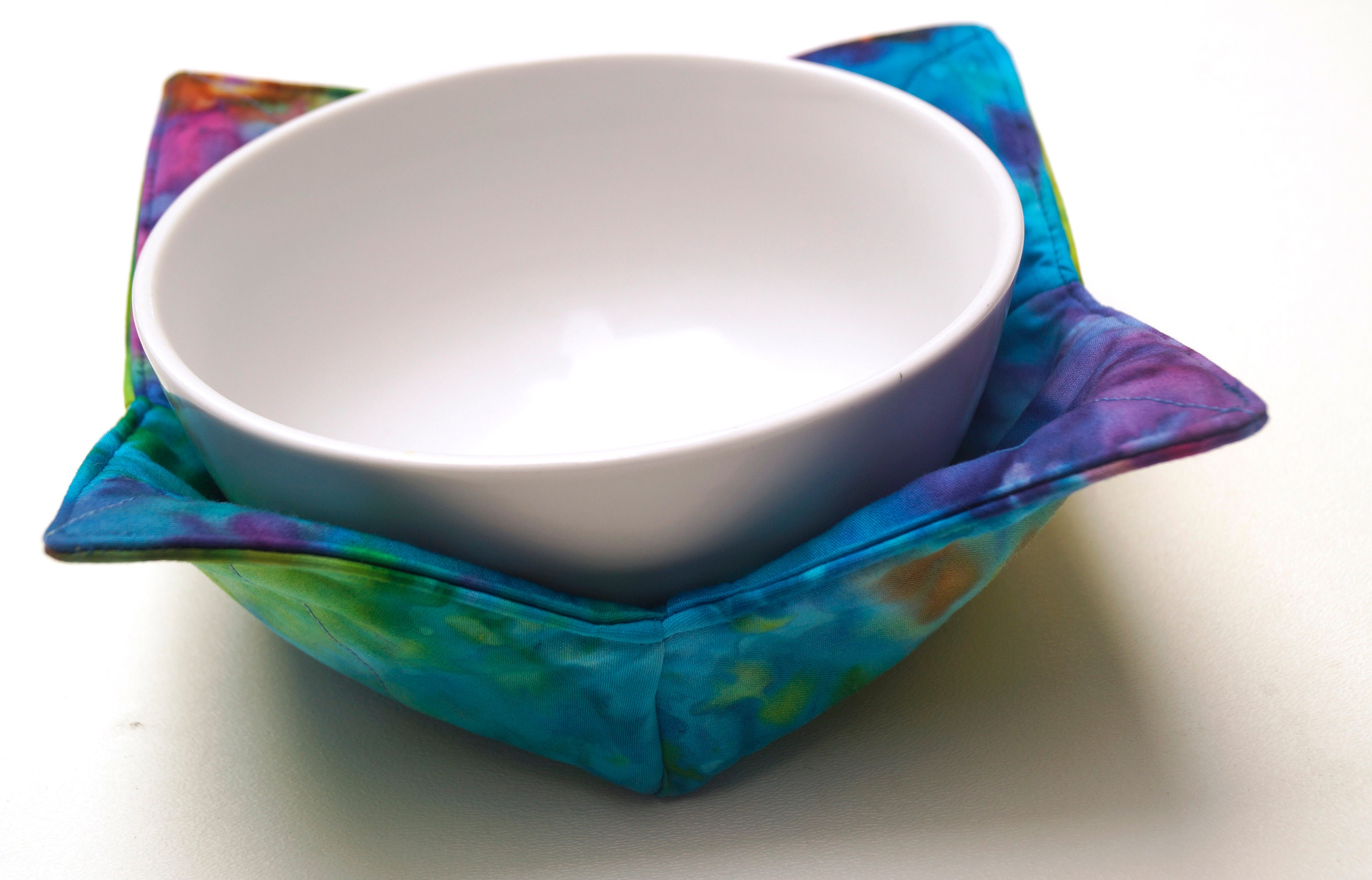 Microwave Bowl Cozy With Rainbow Marbled Hand Dyed Batik Fabric Large 