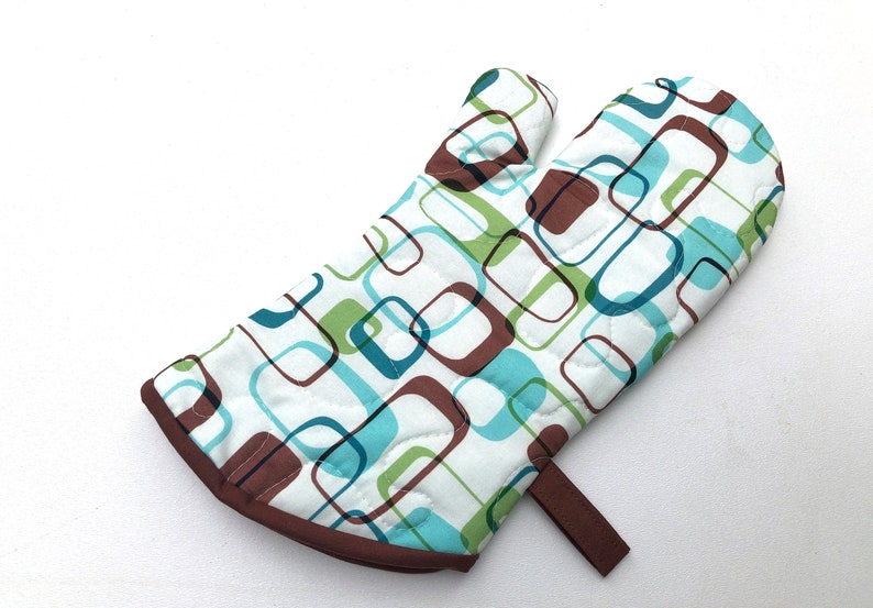 Retro Quilted Fabric Oven Mitt in Teal Blue, Lime Green and Brown - Etsy
