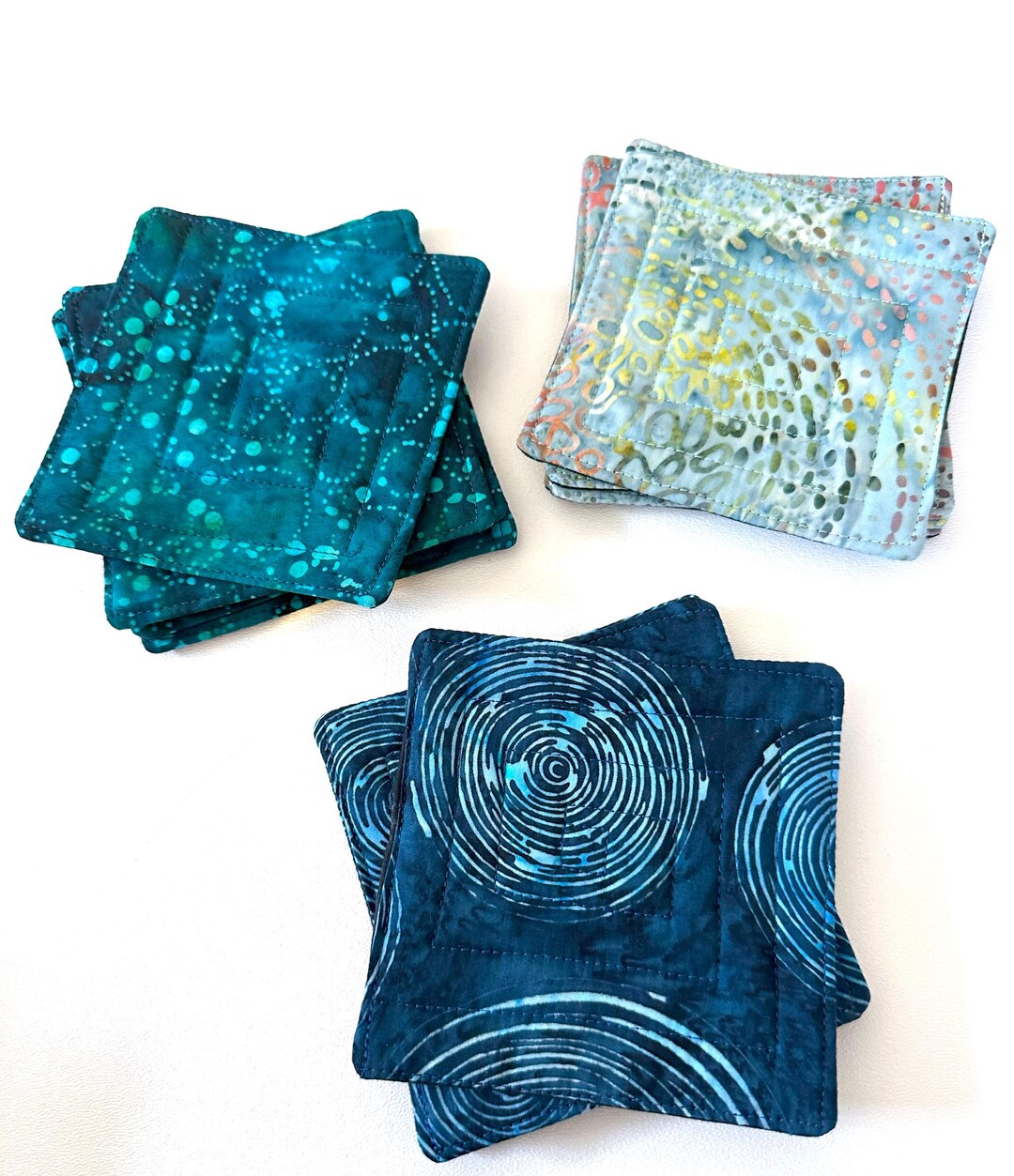 Quilted Batik Blue and Green Fabric Coasters, Sets of Four, With Dots and Swirls - Etsy