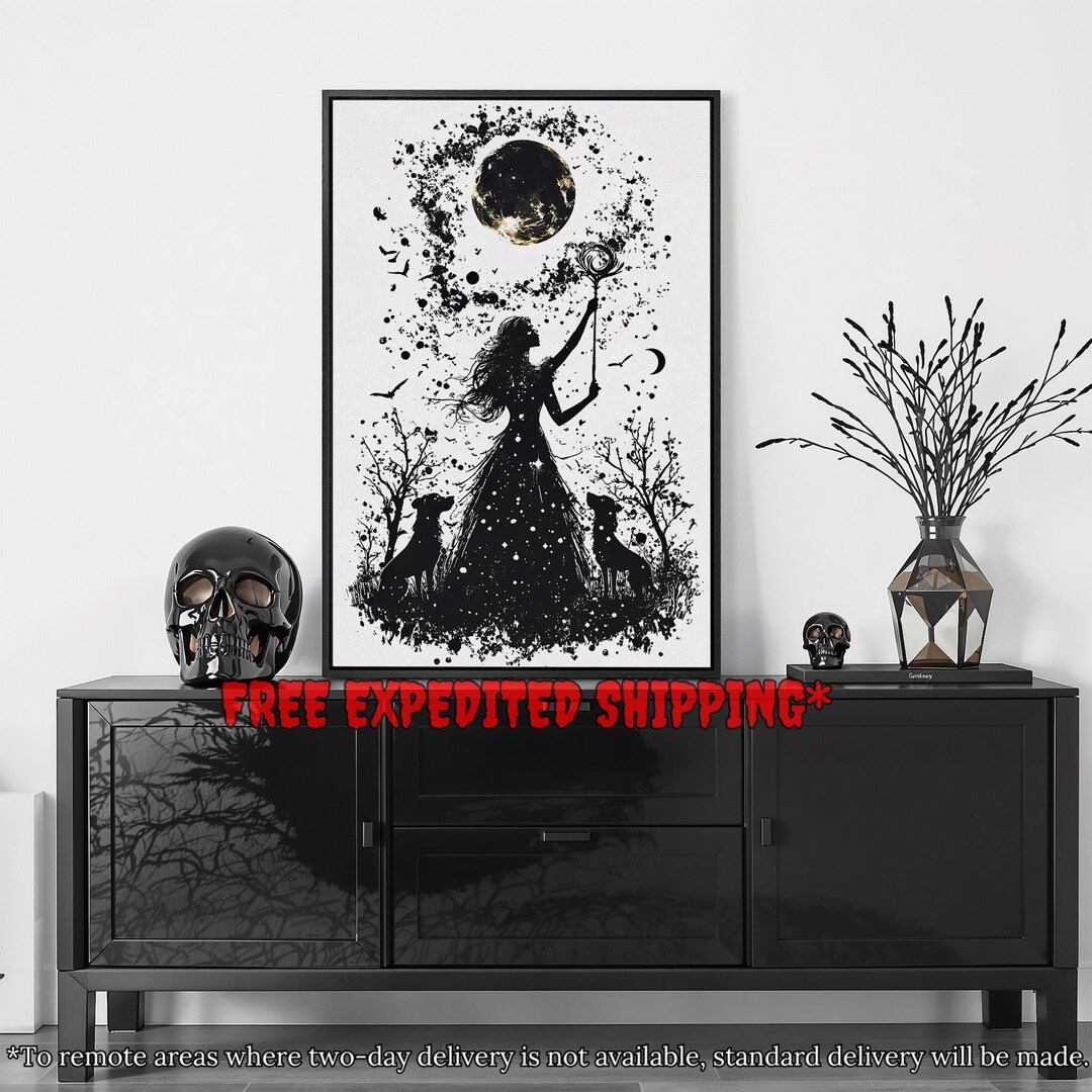 Mystical Witch With Dogs Under Full Moon Print, Mysterious Black and ...
