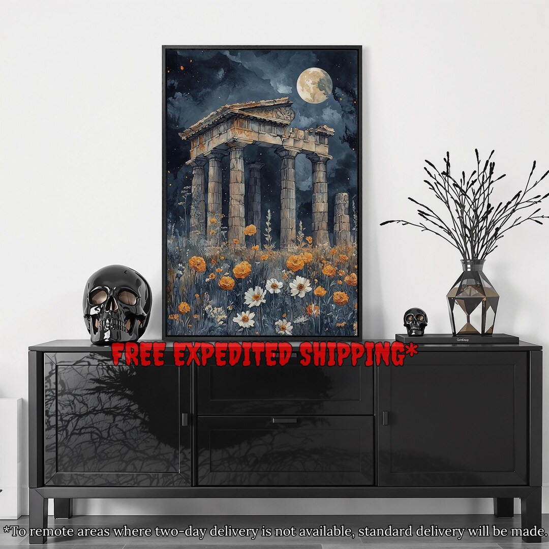 Ancient Ruins in Field of Flowers Print, Mystical Moonlit Landscape ...