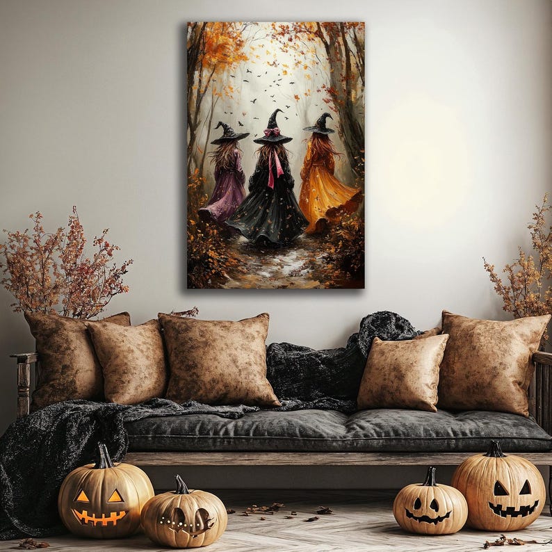 Three Witches in Autumnal Forest Framed Canvas Wall Art Spooky Fall ...