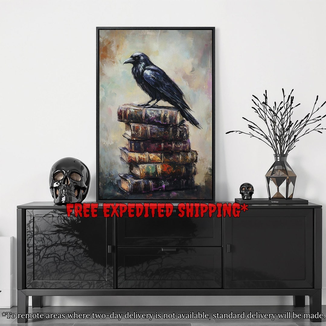 Black Raven on Book Stack Framed Canvas Wall Art Vintage Books Painting ...