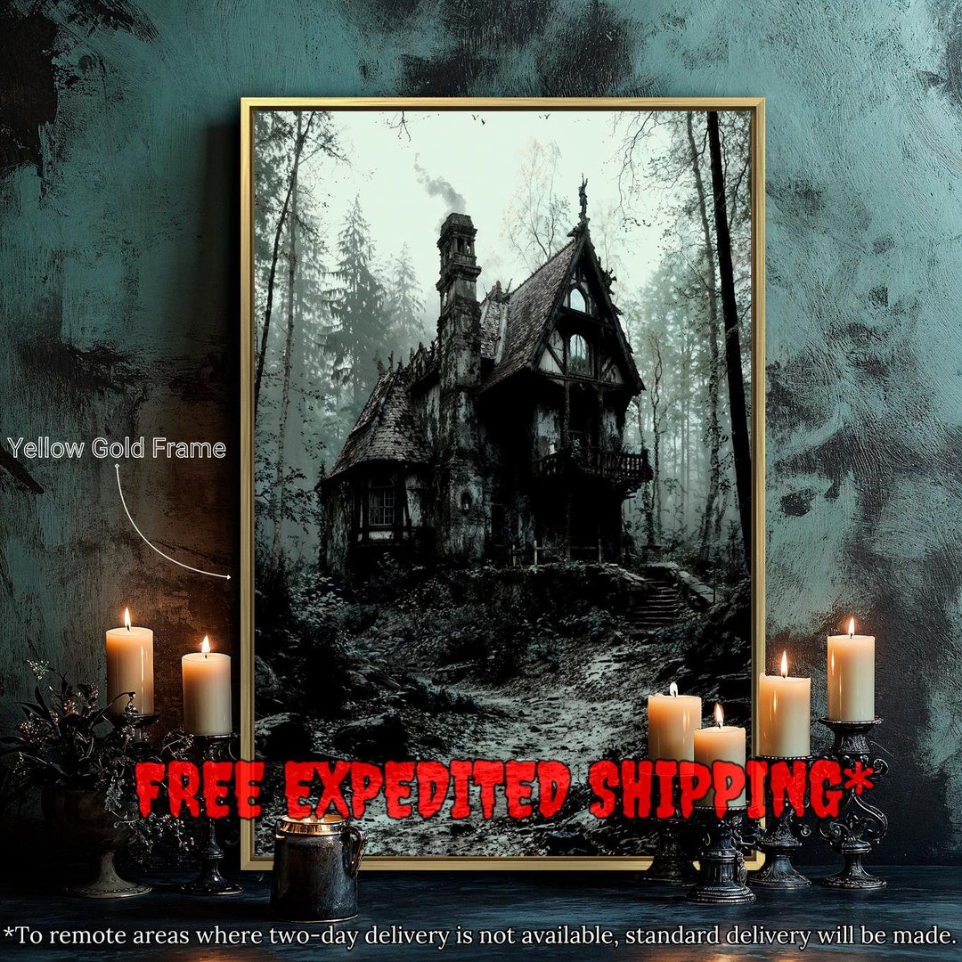 Creepy Haunted House Framed Canvas Wall Art Spooky Forest Cottage Print ...