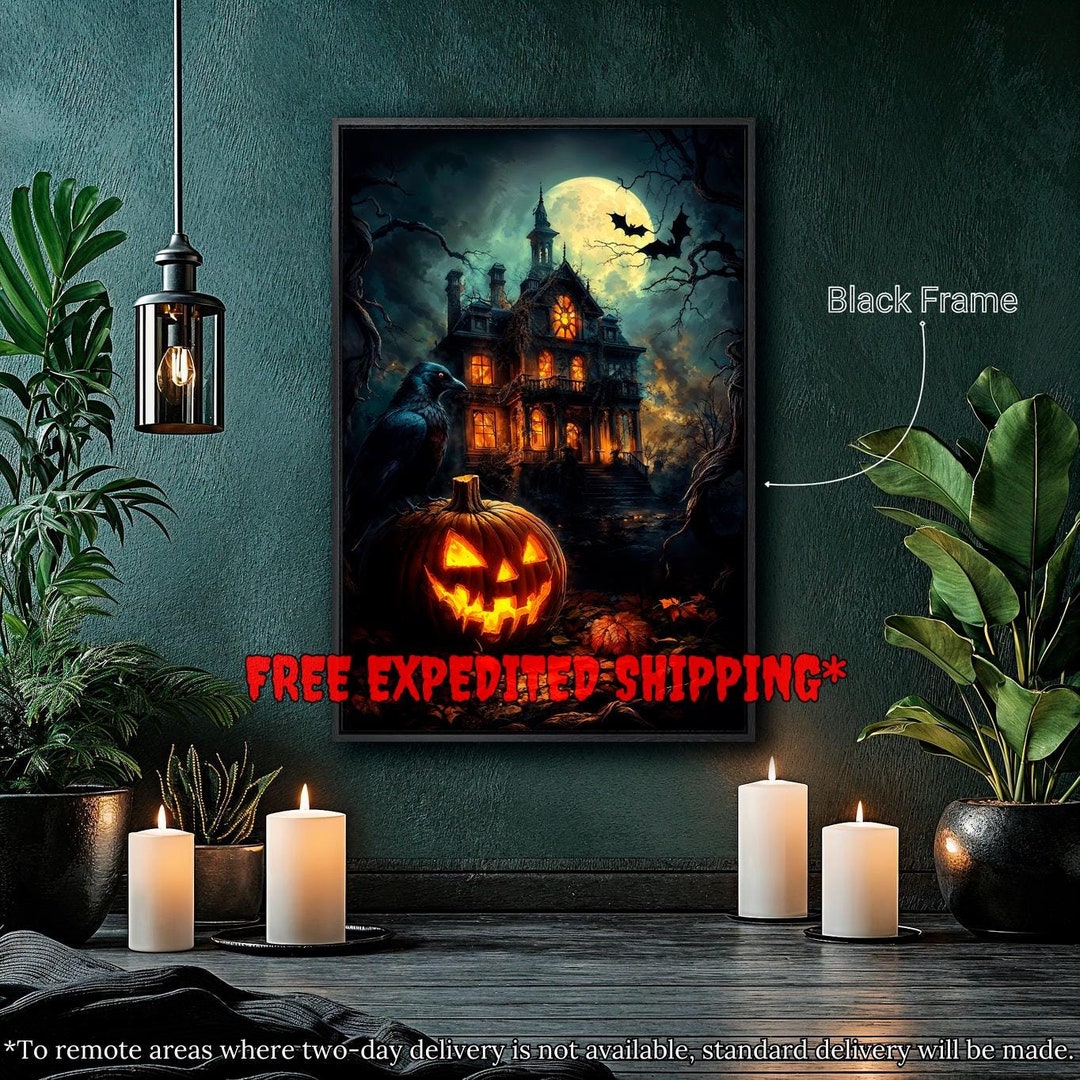 Haunted House and Jack O Lantern Framed Canvas Wall Art Dark Raven ...