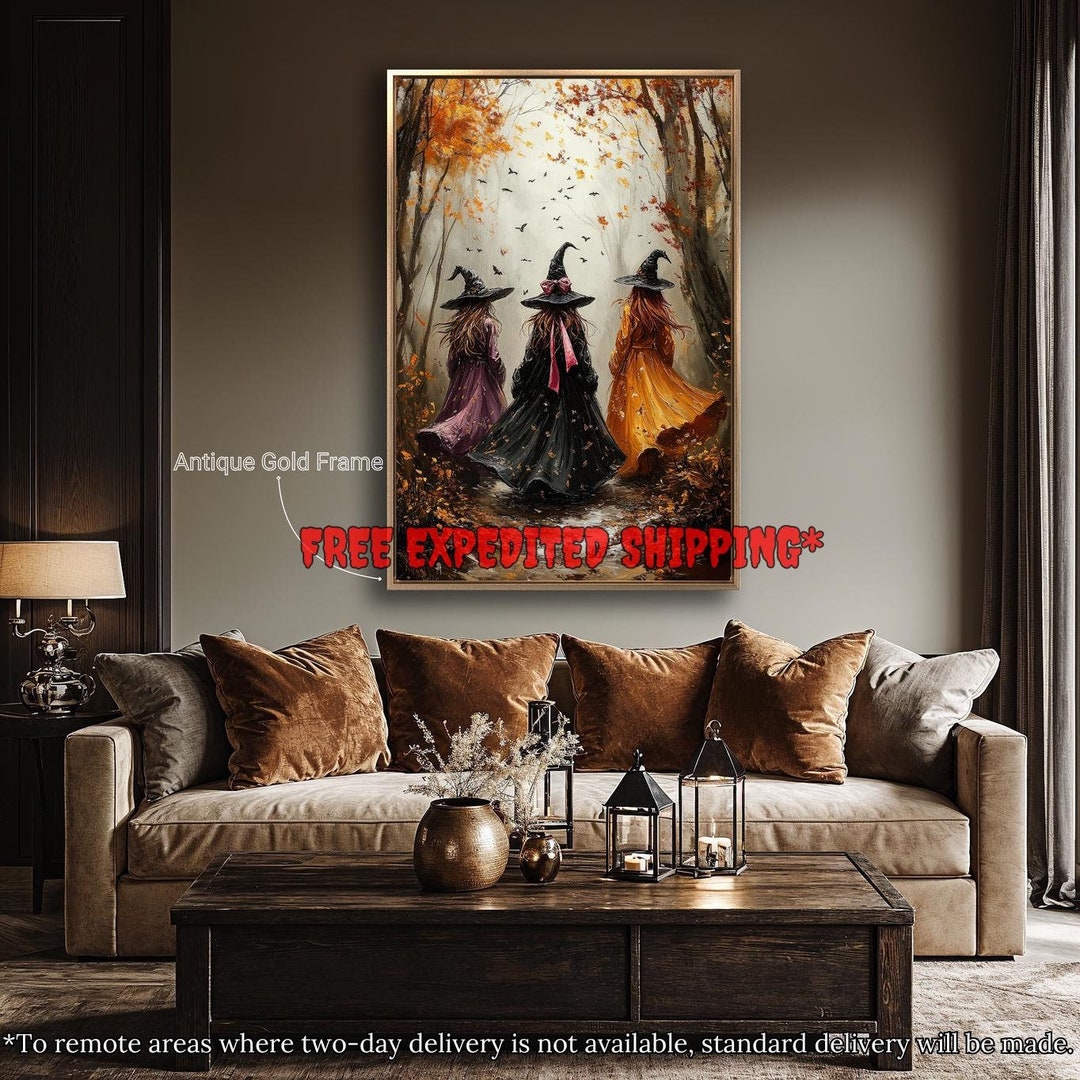 Three Witches in Autumnal Forest Framed Canvas Wall Art Spooky Fall ...